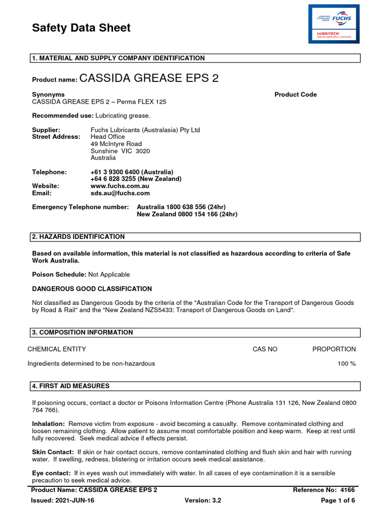 Cassida Grease EPS 2 Safety Data Sheet | PDF | Toxicity | Dangerous Goods
