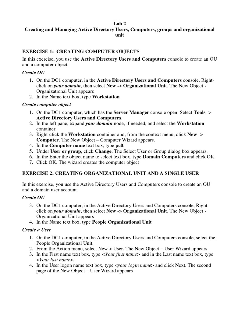 Lab 2 Creating And Managing Ad Users And Computers Pdf Active Directory Software
