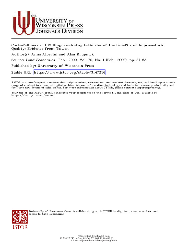 Alberini CostofIllnessWillingnesstoPayEstimates 2000 | PDF | Air ...