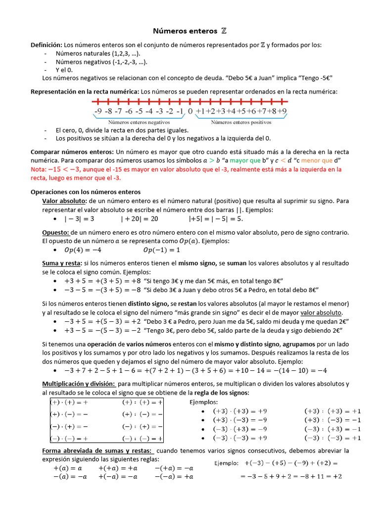 Ficha Teoría/ejercicios Números Enteros | PDF | Entero | Lexicología