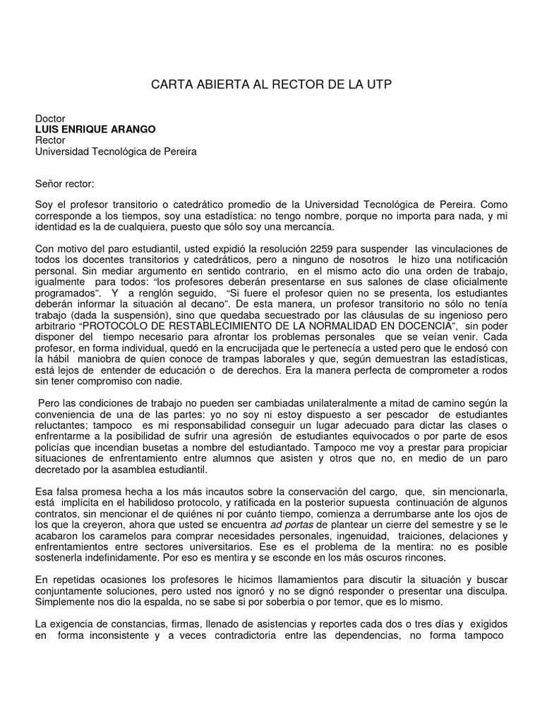Carta Abierta Al Rector de La UTP | PDF