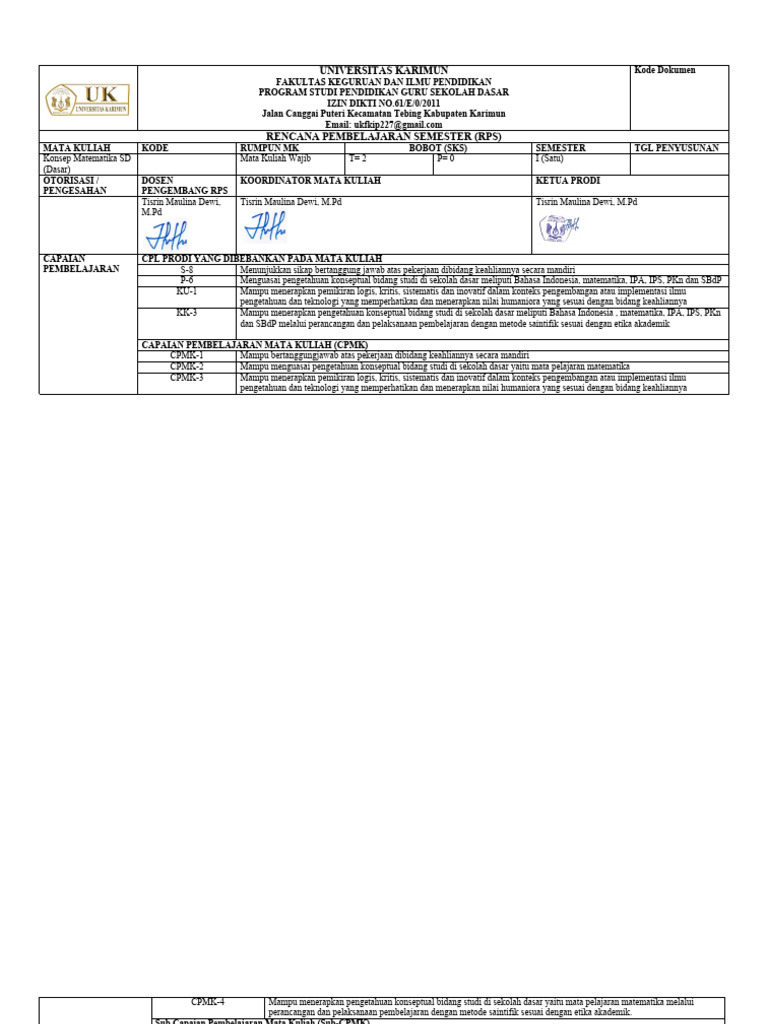 RPS Ganjil 2022-2023 Konsep MTK SD (Dasar) | PDF