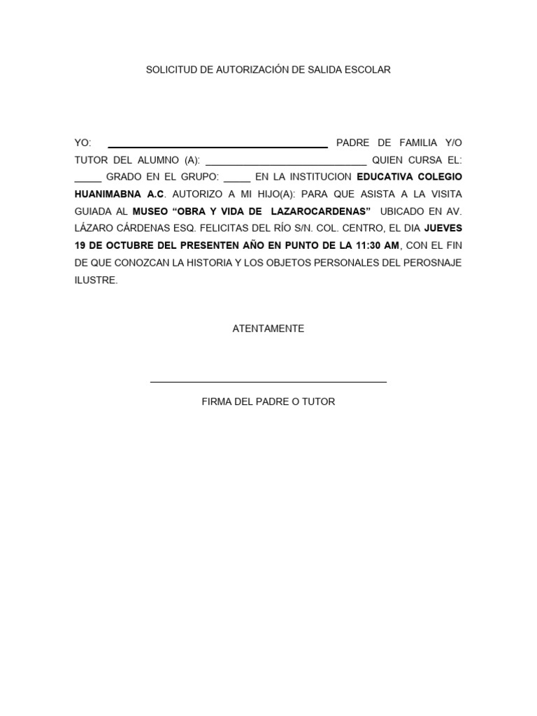 Solicitud de Autorización de Salida Escolar 2023 | PDF | Ciencias sociales | Viajes y turismo