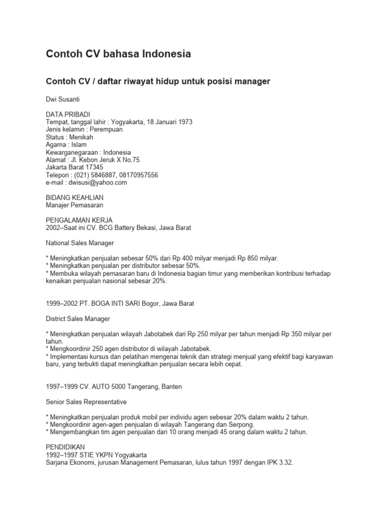 Contoh CV Bahasa Indonesia | PDF | Karier & Perkembangan | Bisnis