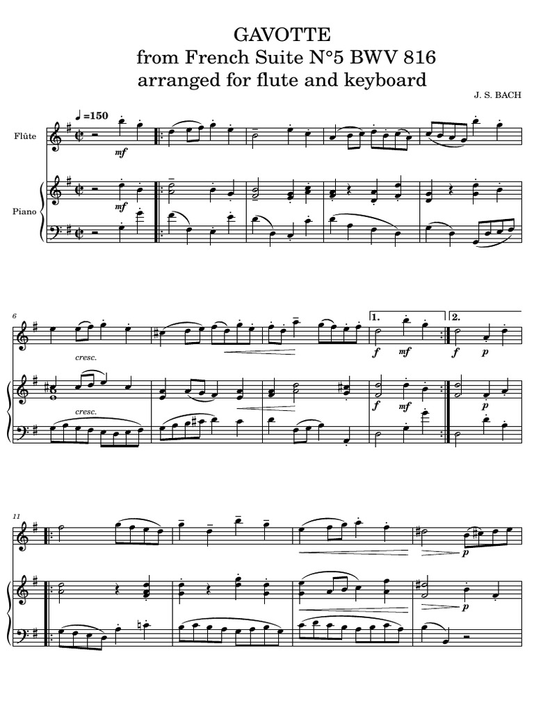 Bach JS - BVW 816 - Gavotte from French suite n°5 - flute and keyboard ...