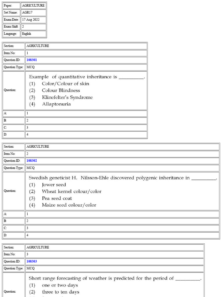 CUET Agriculture PYQ Set AGR17 | PDF | Educational Assessment And ...