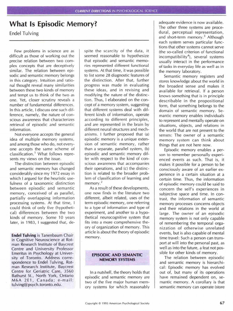What Is Episodic Memory Endel Tulving | PDF