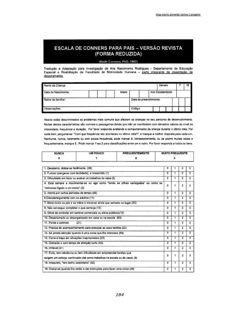 Escala de Conners para Pais - Versão Revista (Forma Reduzida) | PDF