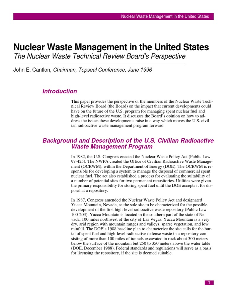 Nuclear Waste Management in The United States | PDF | Yucca Mountain ...