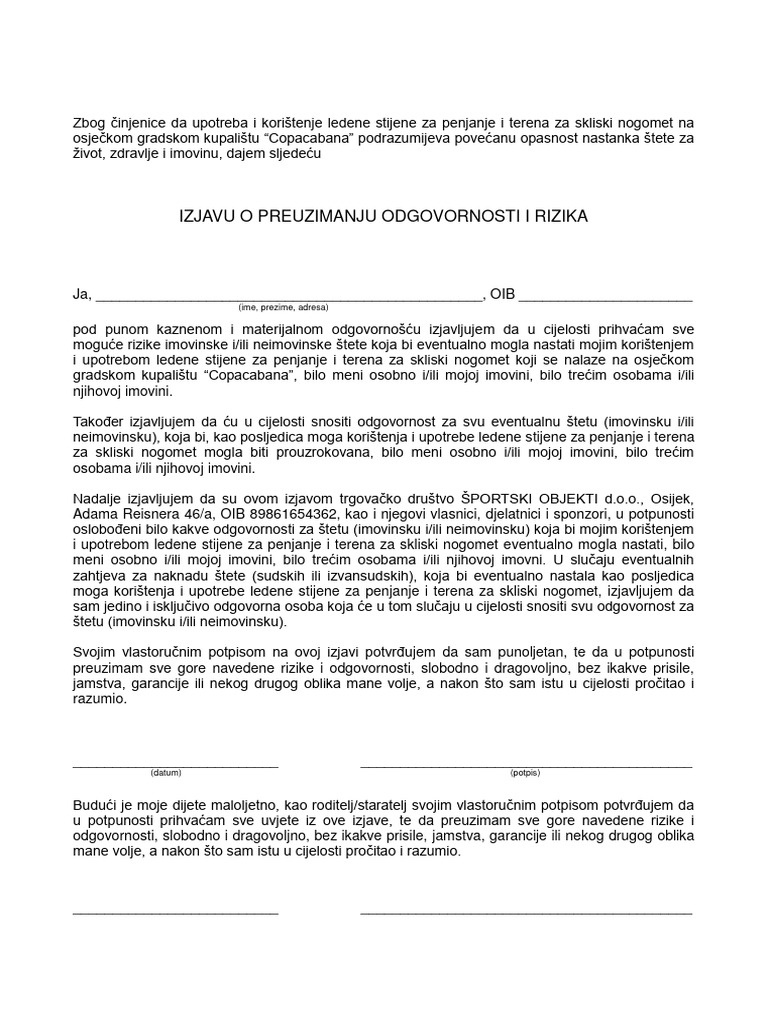 Izjava o Preuzimanju Odgovornosti | PDF