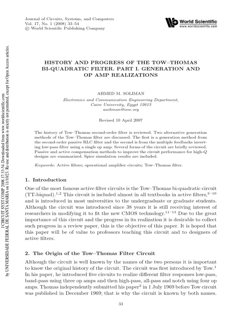Soliman 2011 History and Progress of The Tow Thomas Bi Quadratic Filter Part I Generation and Op ...