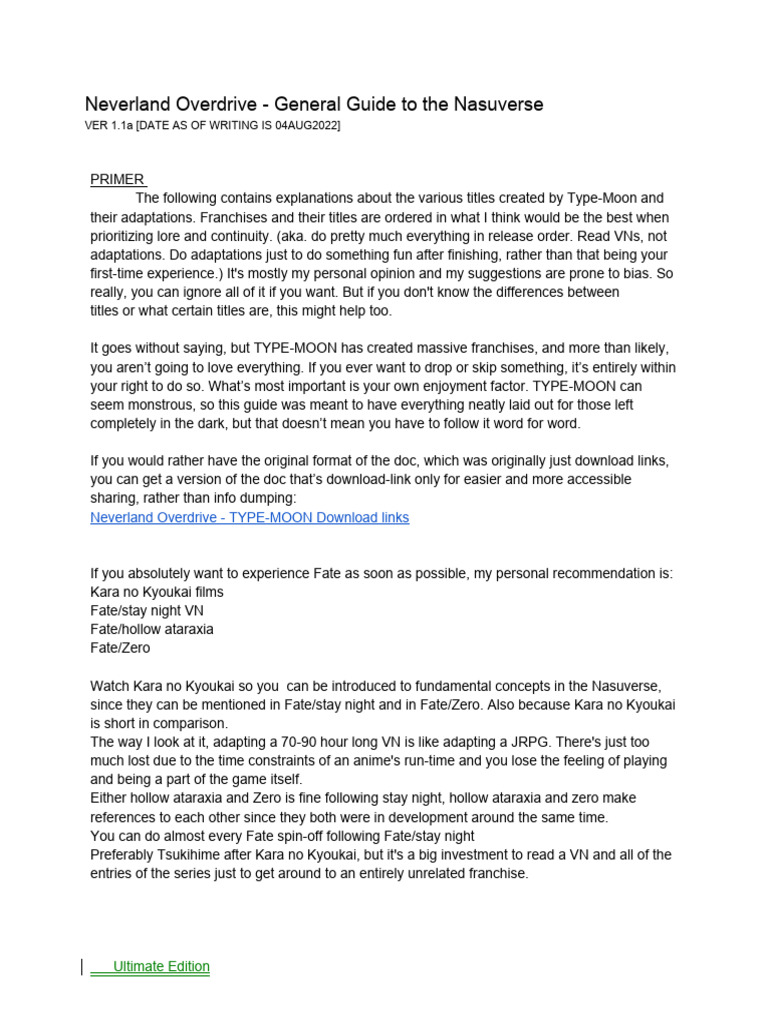 Neverland Overdrive - General Guide To The Nasuverse | PDF | Games ...