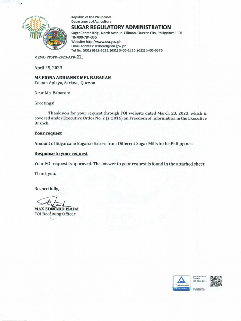 FOI Response To The Data Requested of Ms. Babaran | PDF | Sugarcane | Foods