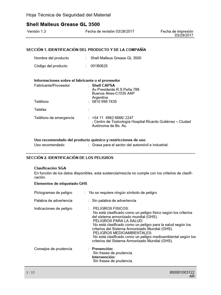 Hoja de Seguridad Grasa Malleus GL 3500 | PDF | Agua | Residuos