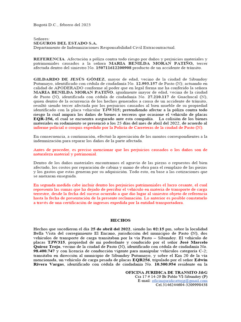 Carta de Reclamacion de Siniestro TJW315 | Descargar gratis PDF | Daños y perjuicios | Póliza de ...