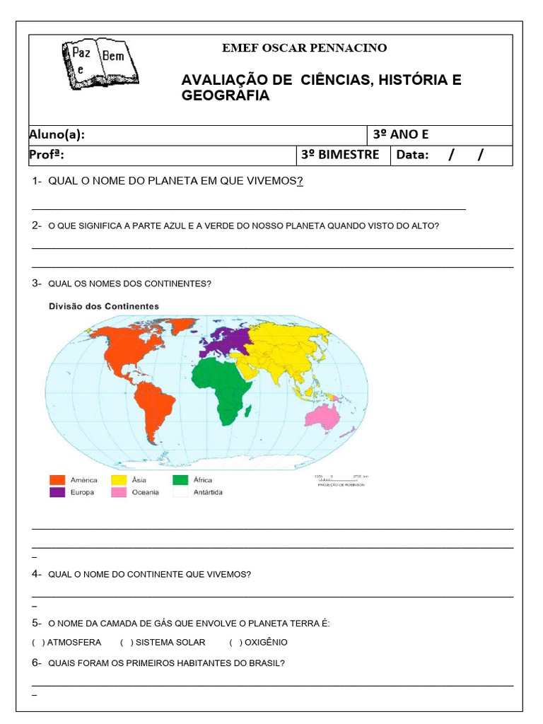 AVALIAÇAO DE CIÊNCIAS, HISTÓRIA E GEOGRAFIA 3 BIMESTRE | PDF | Terra ...