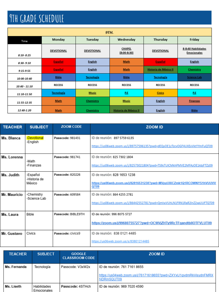 21-22 - 9th Grade Codes & Schedule | PDF