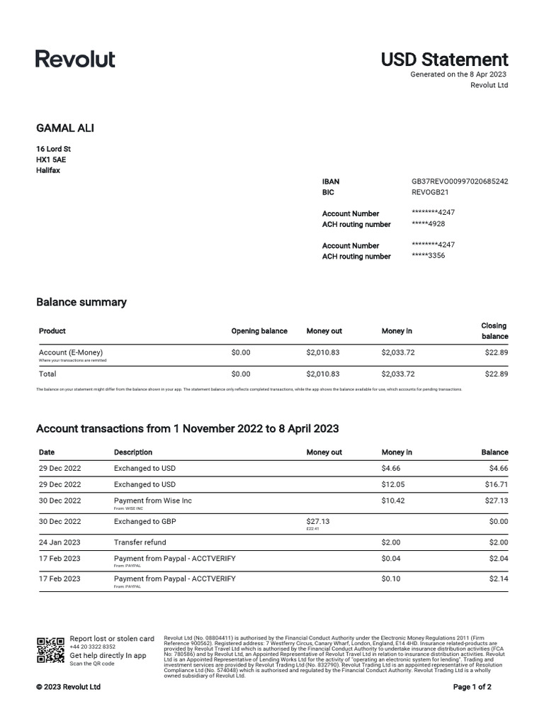 Revolut USD Account Statement Summary | PDF | Pay Pal | Financial ...