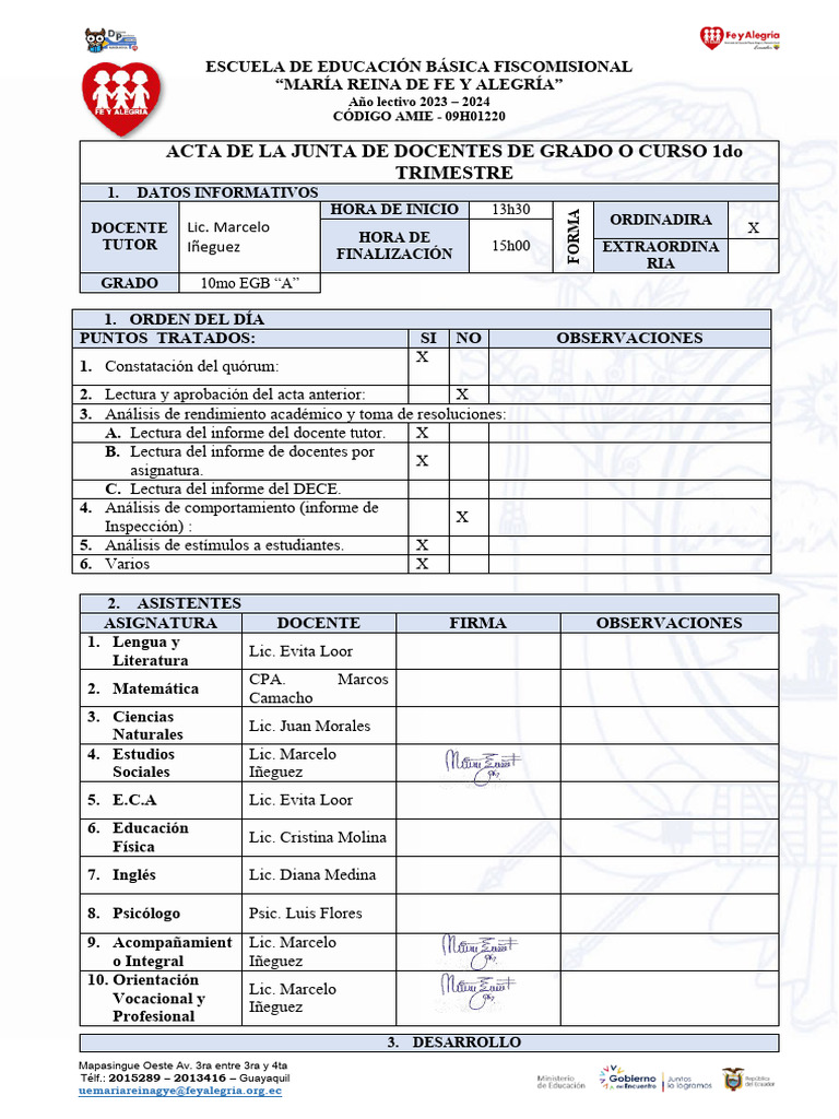 Acta de Junta de Curso 10mo A 2 T 2023 - 2024 | PDF | Enseñando | Aprendizaje