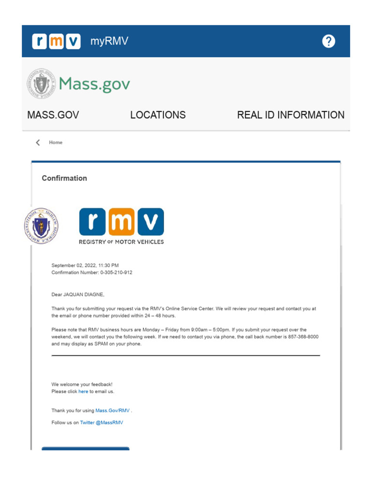 myRMV - Massachusetts Registry of Motor Vehicles | PDF