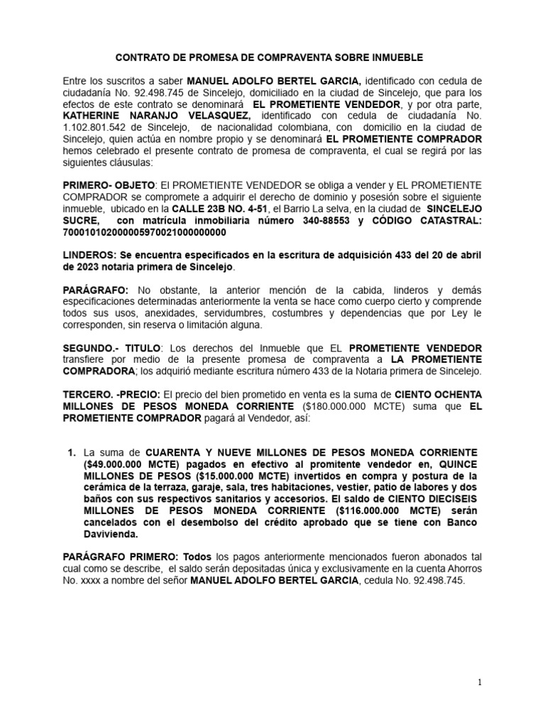 Promesa Compraventa Inmueble Sincelejo | PDF | Derecho civil (sistema legal) | Consentimiento