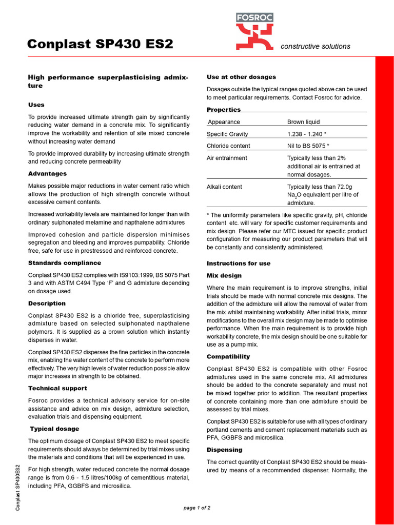 TDS Conplast SP430ES2 India3 | PDF | Concrete | Materials