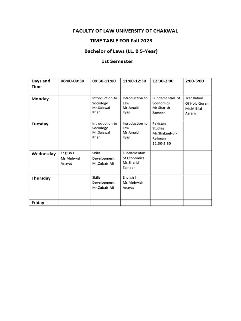 FACULTY OF LAW UNIVERSITY OF CHAKWAL TIME TABLE FOR Fall 2023 | PDF