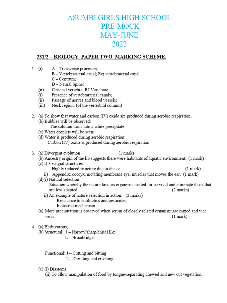 231-2 Biology Pp2 Marking Scheme | PDF | Urinary System | Anatomy