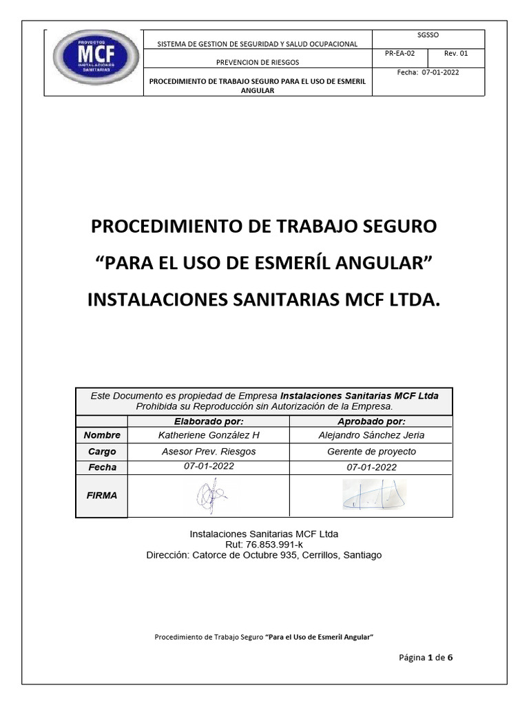 Procedimiento Trabajo Seguro Uso de Esmeril Angular MCF | PDF | Seguridad y salud ocupacional ...