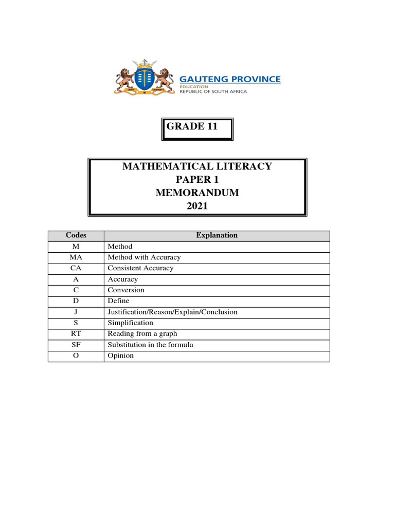 Math Lit Grade 11 Paper 1 Exemplar Memo 2021 + Grid Analysis | PDF | Mathematics