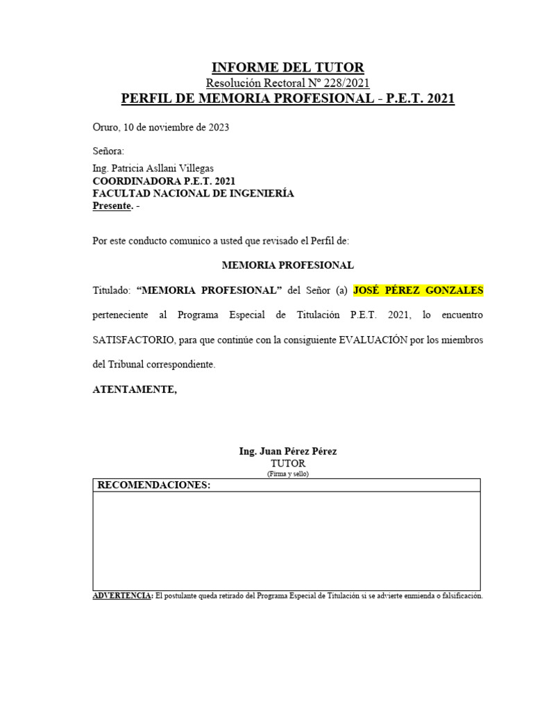 Informe Del Tutor Memoría Profesional | PDF