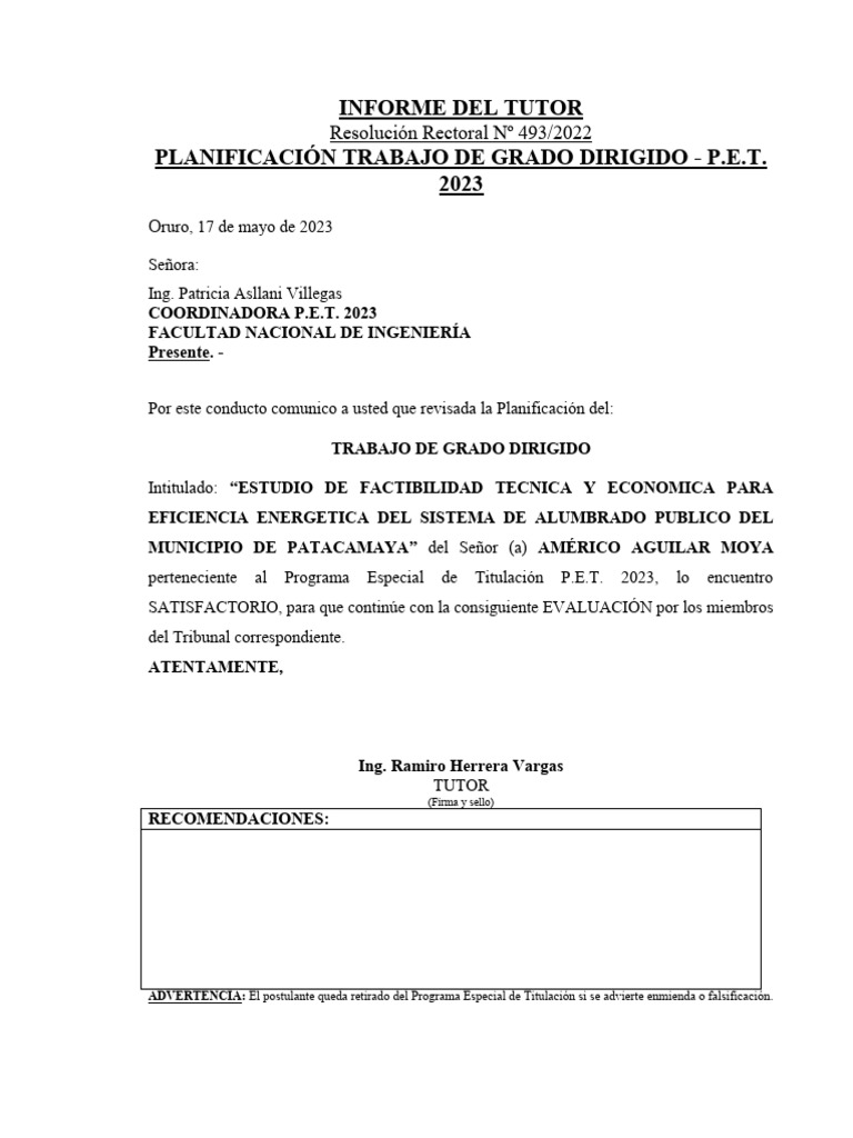 Informe Del Tutor Trabajo de Grado Dirigido ELTETN | PDF