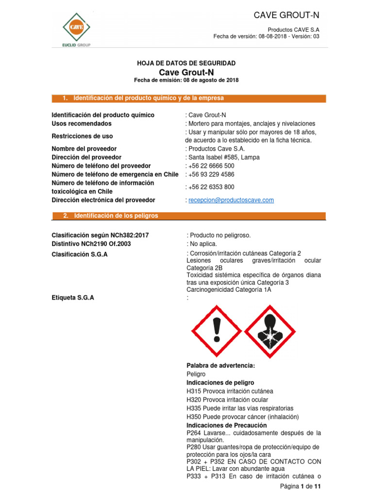 Hds Cave Grout N | PDF | La seguridad | Seguridad y salud ocupacional