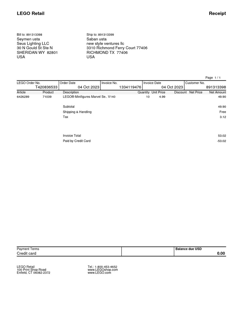 LEGO® Shop Receipt 1334119476 From 10 - 04 - 2023 | PDF
