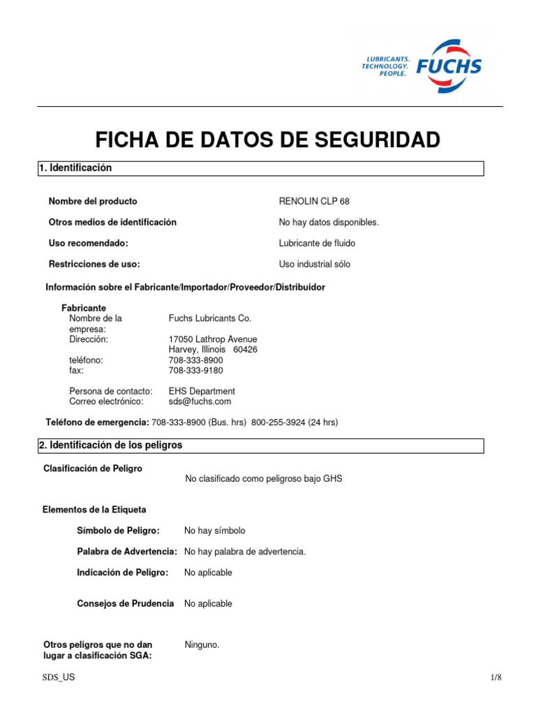 Ficha de Seguridad Renolin CLP 68 | PDF | Química | Ciencias fisicas