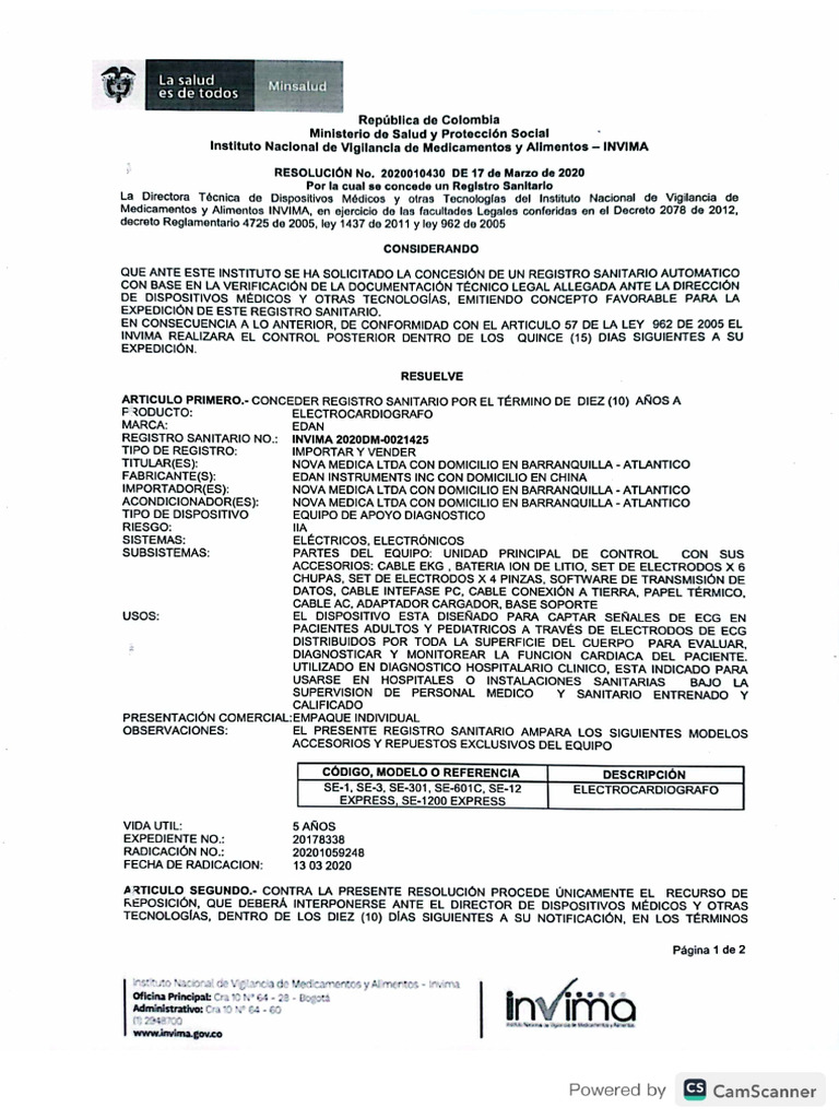 Invima Electrocardiografo Edan | PDF