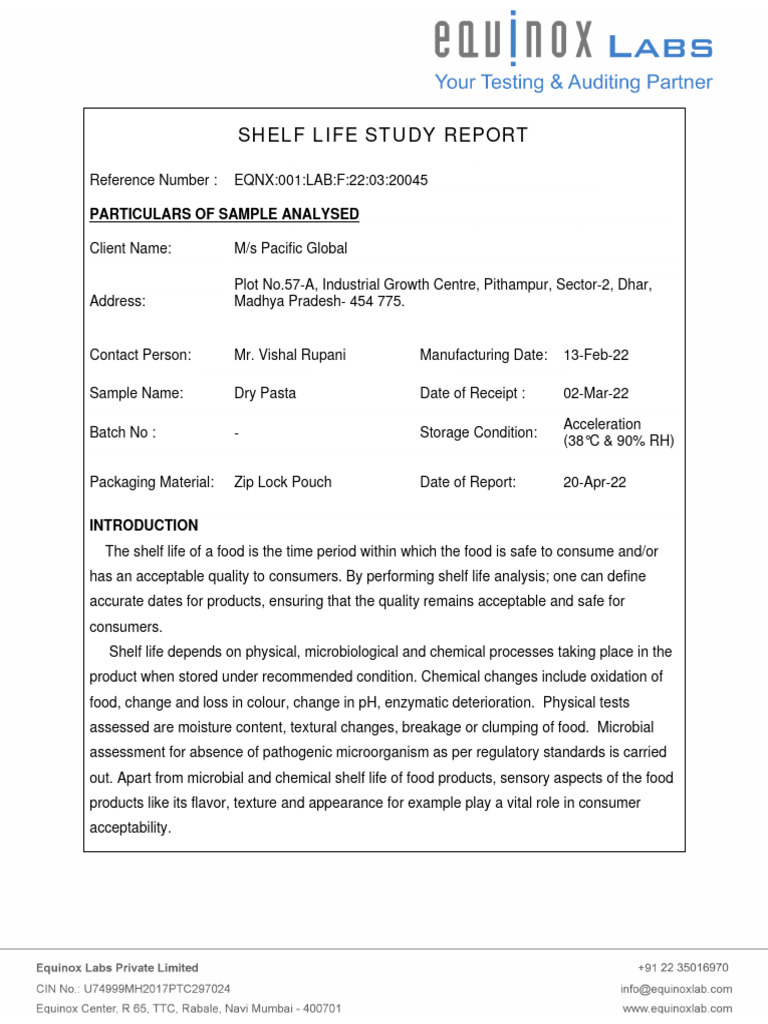 Dry Pasta Shelf Life Study Report | PDF | Shelf Life | Microorganism