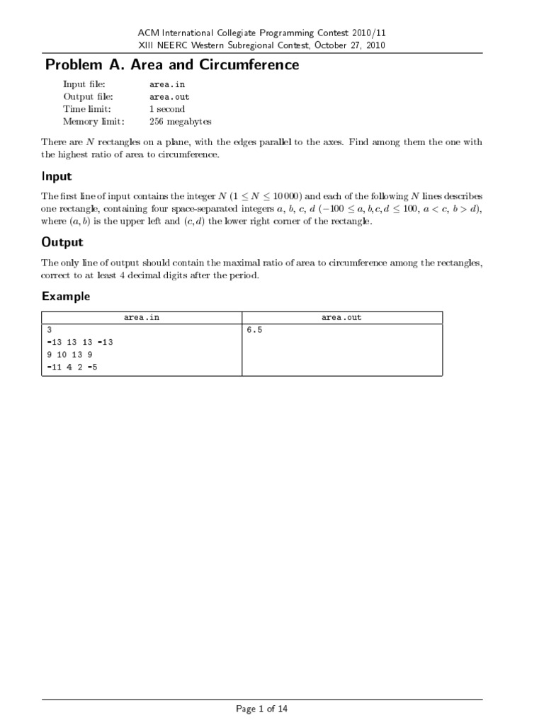 Problem A. Area and Circumference: Input | PDF | Algorithms | Arithmetic