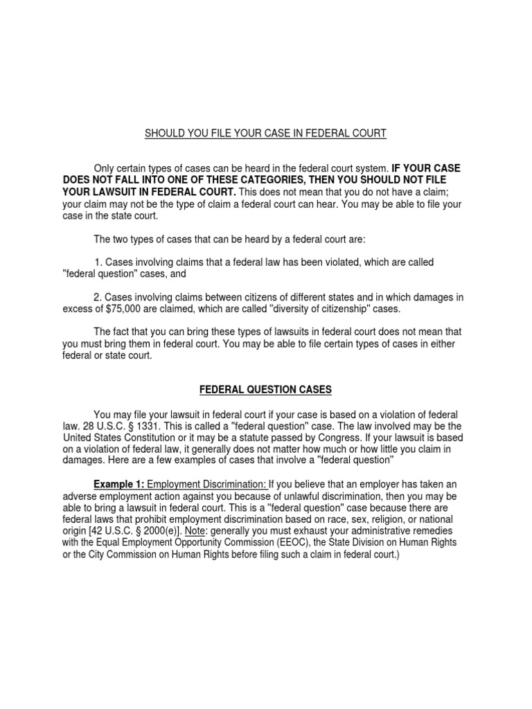 Filing Cases in Federal Court Explained | PDF | Diversity Jurisdiction ...