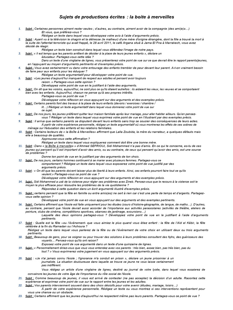 Sujets de production écrite 1 Bac | PDF
