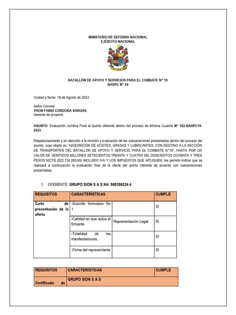 Evaluación Juridica Final Al Quinto Oferente de Acuerdo Con Subsanaciones | PDF | Gobierno