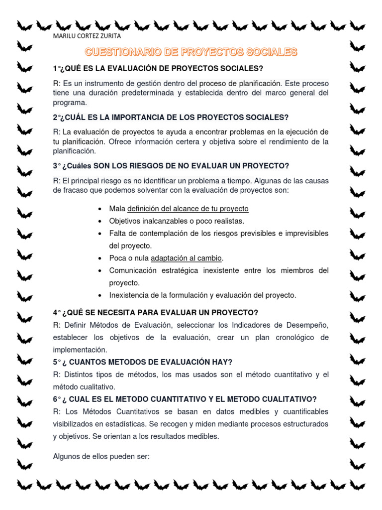 Cuestionario de Proyectos Sociales | Descargar gratis PDF | Evaluación | Planificación