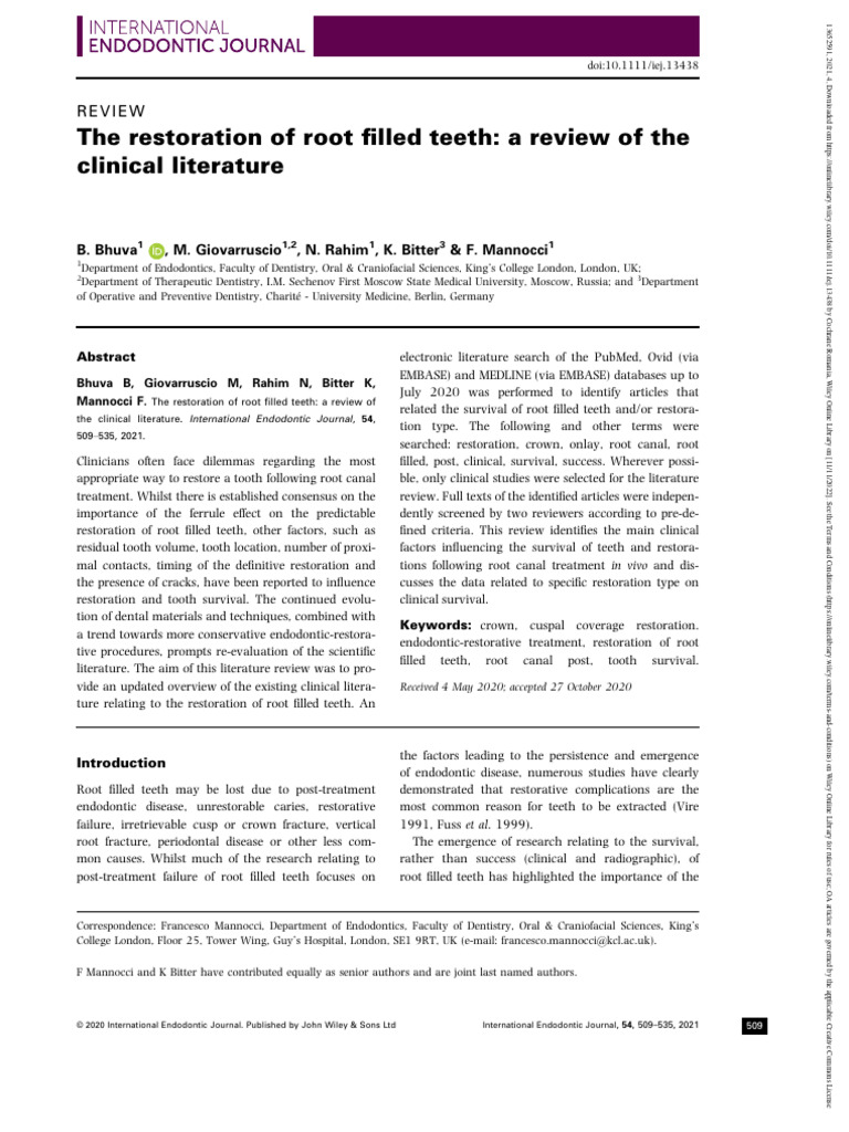 Int Endodontic J - 2020 - Bhuva - The Restoration of Root Filled Teeth ...