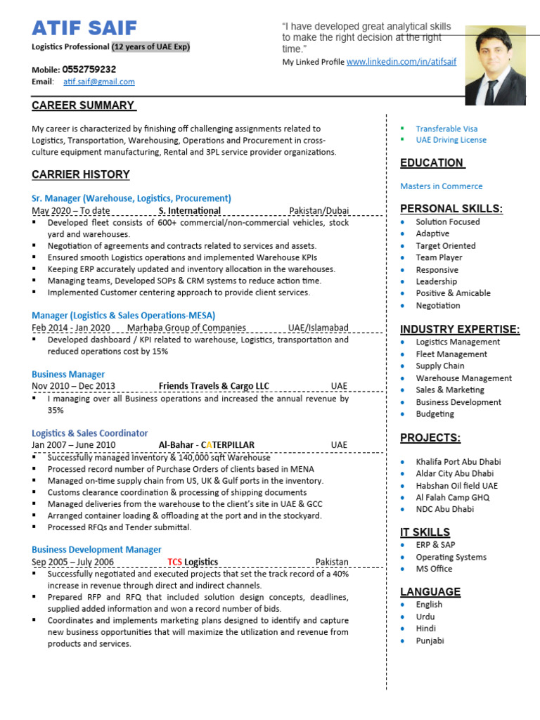 Atif Saif Resume | Download Free PDF | Logistics | Warehouse