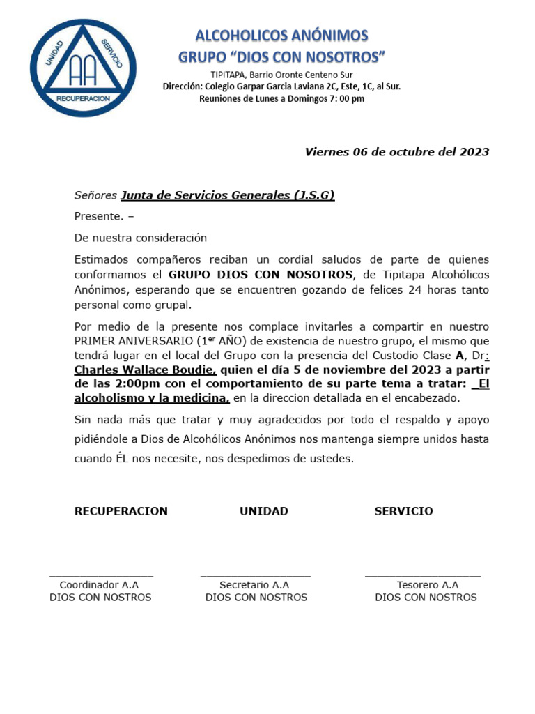 Carta Aa | PDF | Alcohol y salud | Abuso de alcohol