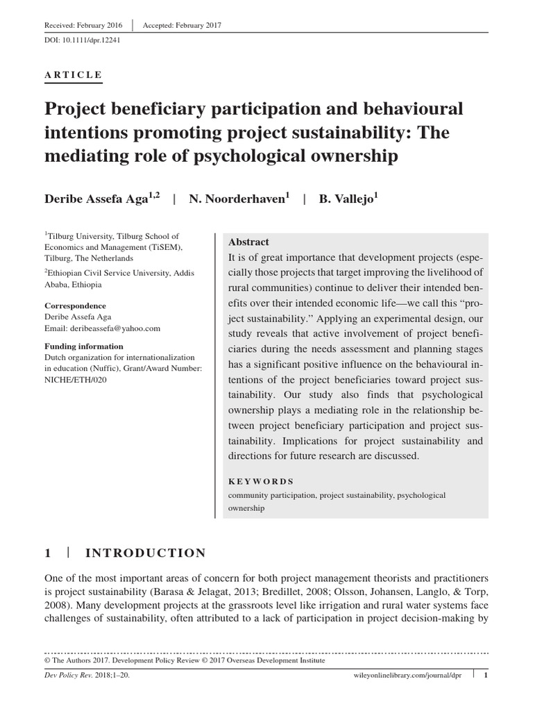 Project Beneficiary Participation and Behavioural Intentions Promoting Project Sustainability ...