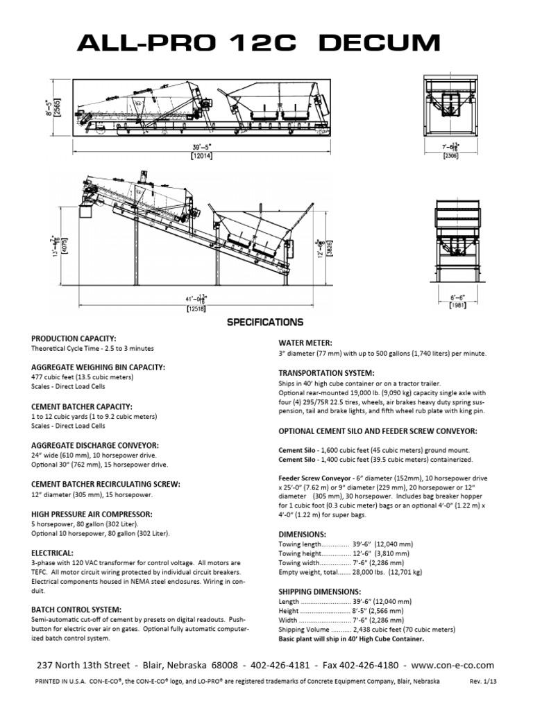 Planta de Hormigon ALL-PRO - 12C - SPEC - SHEET | PDF | Horsepower ...