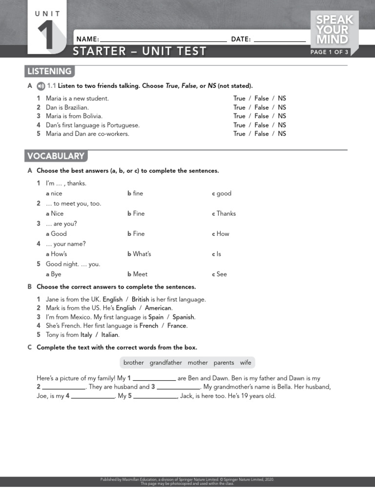 Test 1. Unit 1. Ingles 1 | PDF | Communication | Human Communication