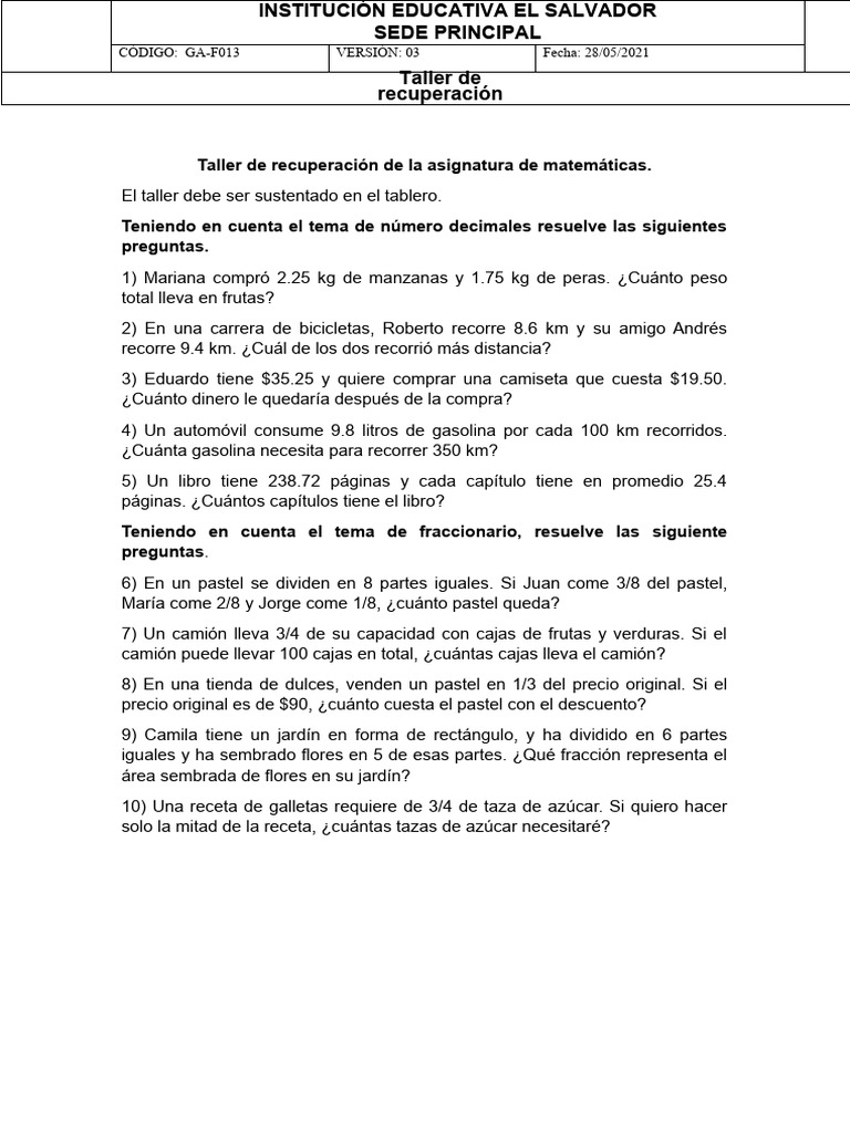Taller de Recuperación Matemáticas | PDF
