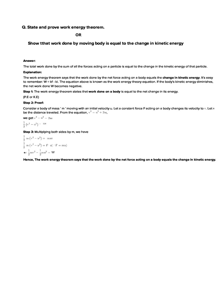 Q State And Prove Work Energy Theorem Pdf